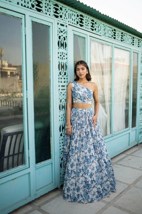 One Shoulder Printed Lehenga – Label Anushree