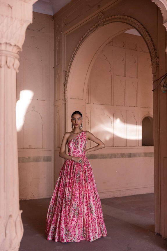 One Shoulder Rani Pink Gown – Label Anushree