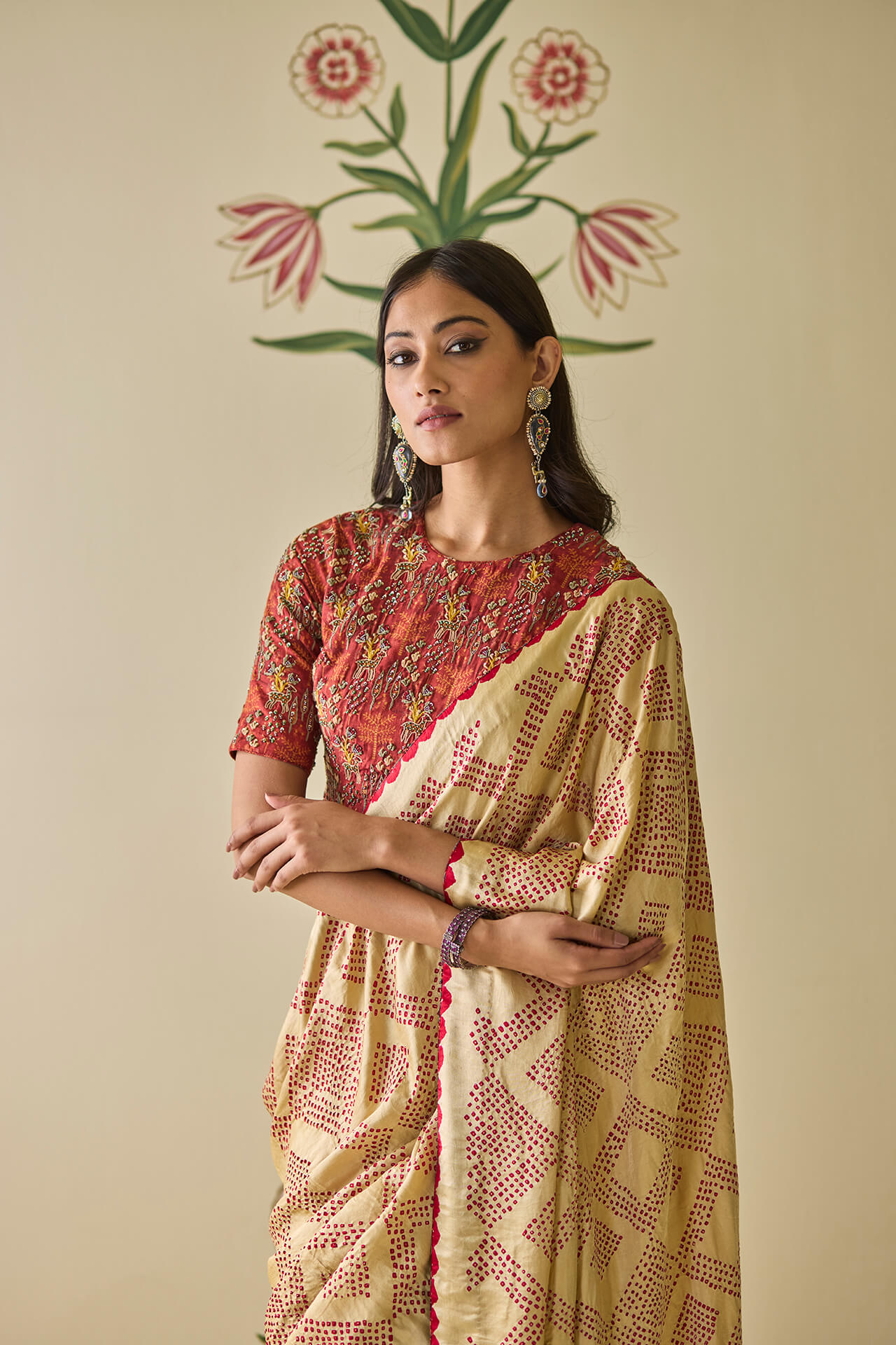 Cream & Red Bandhani Saree – Label Anushree