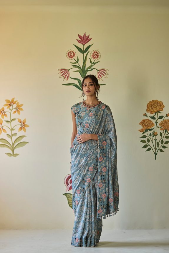 Blue Floral Saree – Label Anushree