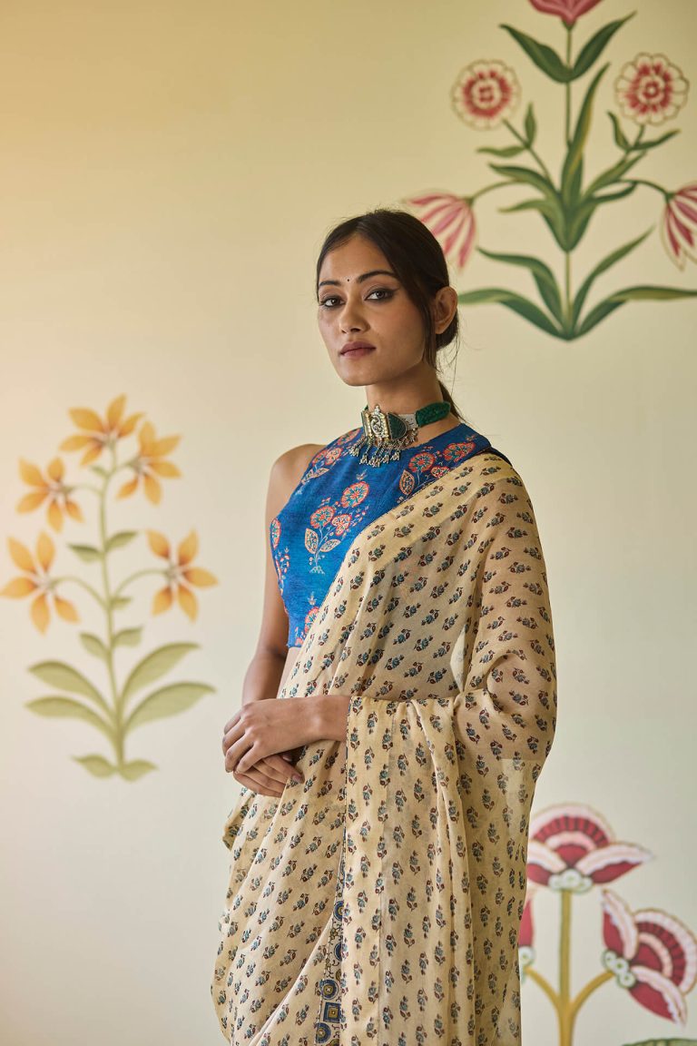 Beige & Blue Saree – Label Anushree
